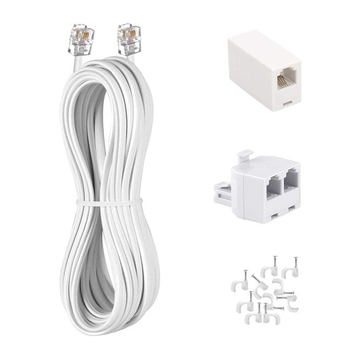 10ft Phone Cord with RJ11 Plug Inline Coupler Splitter & Clips White | eBay