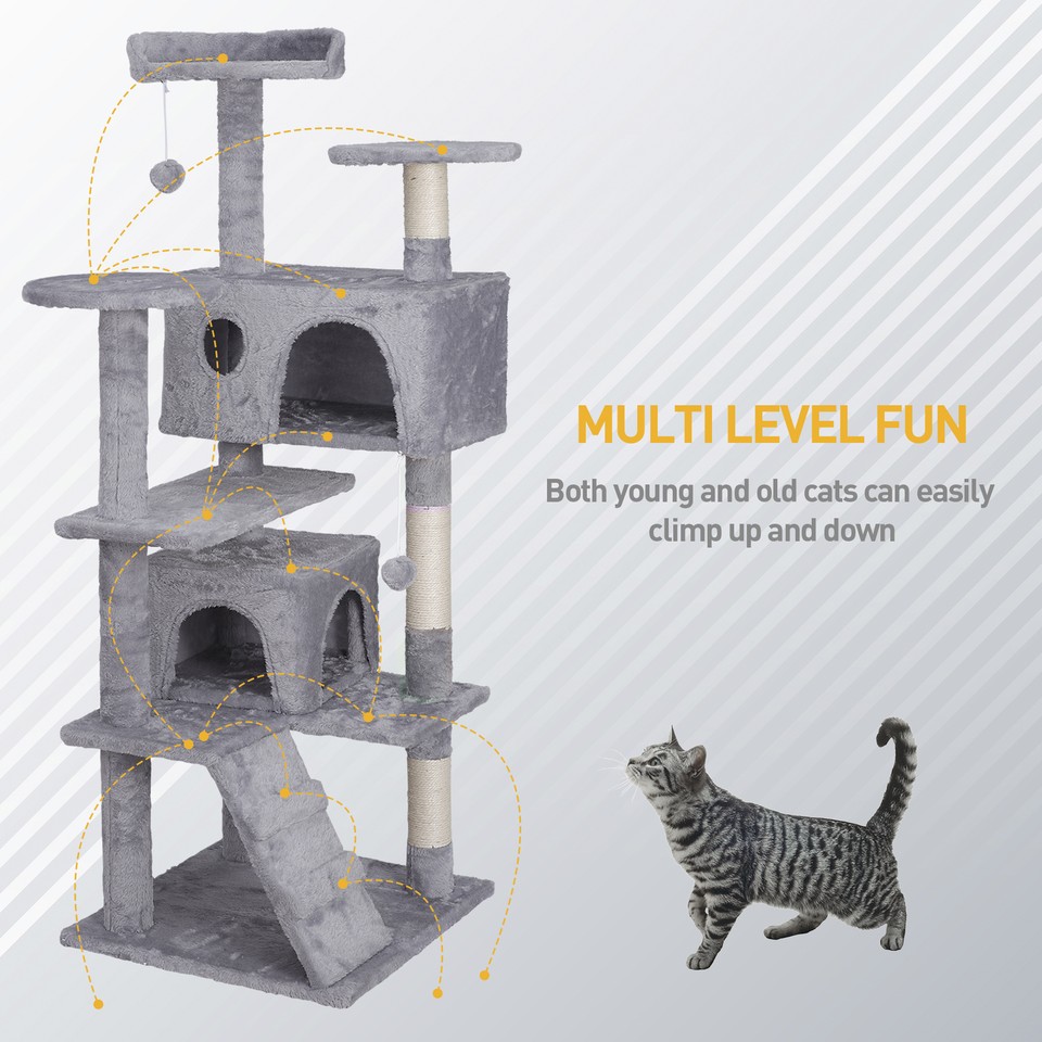 55" Cat Tree Tower Activity Center Playing House Grey/Beige/Blue/Brown ...