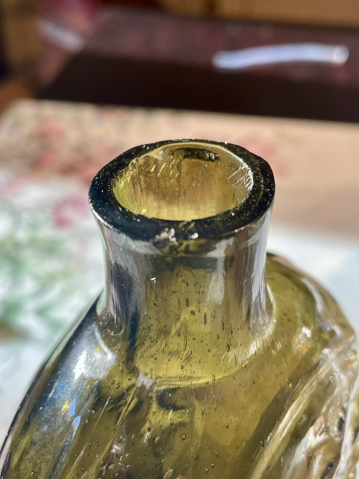 ANTIQUE CORNUCOPIA/URN WITH FRUITS OLIVE GREEN FLASK/BOTTLE 6 3/4 TALL ...