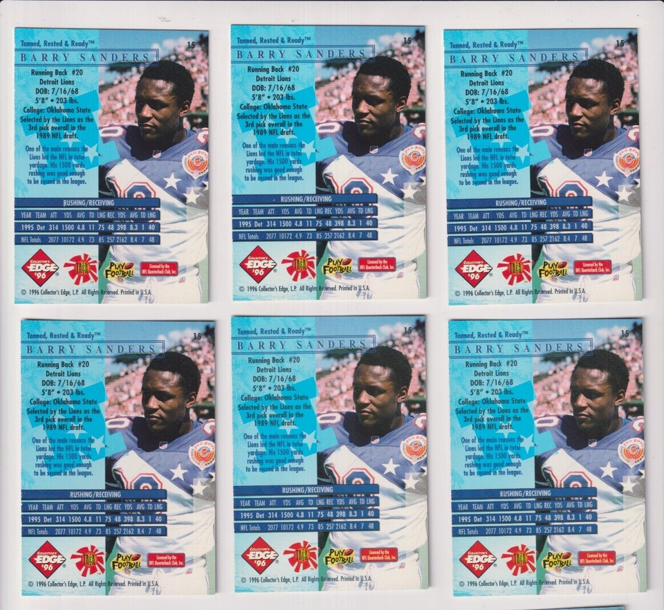 BARRY SANDERS 1996 COLLECTORS EDGE PRESIDENTS RESERVE 6 CARD INSERT LOT ...