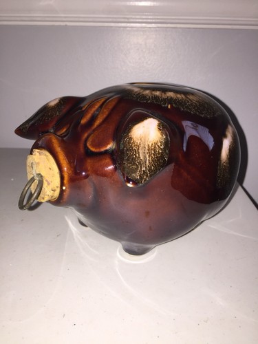 Vintage 1957 Hull USA Corky Pig Brown Drip Ceramic Piggy Bank Figurine ...