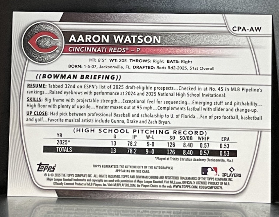 2025 Bowman Draft Aaron Watson 1st Chrome AUTO #CPA-AW Cincinnati Reds ...