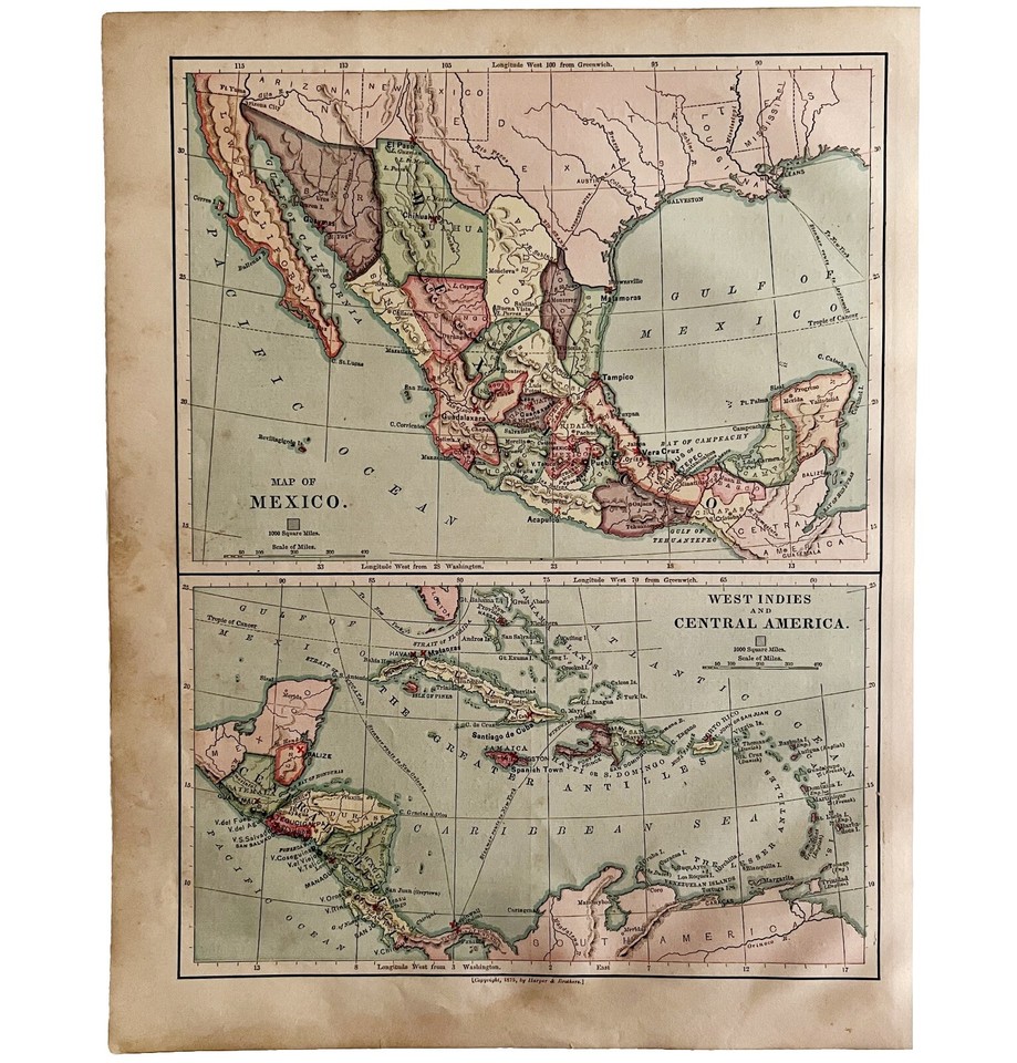 1879 Map Mexico West Indies Central America Victorian Geography 1st Ed ...
