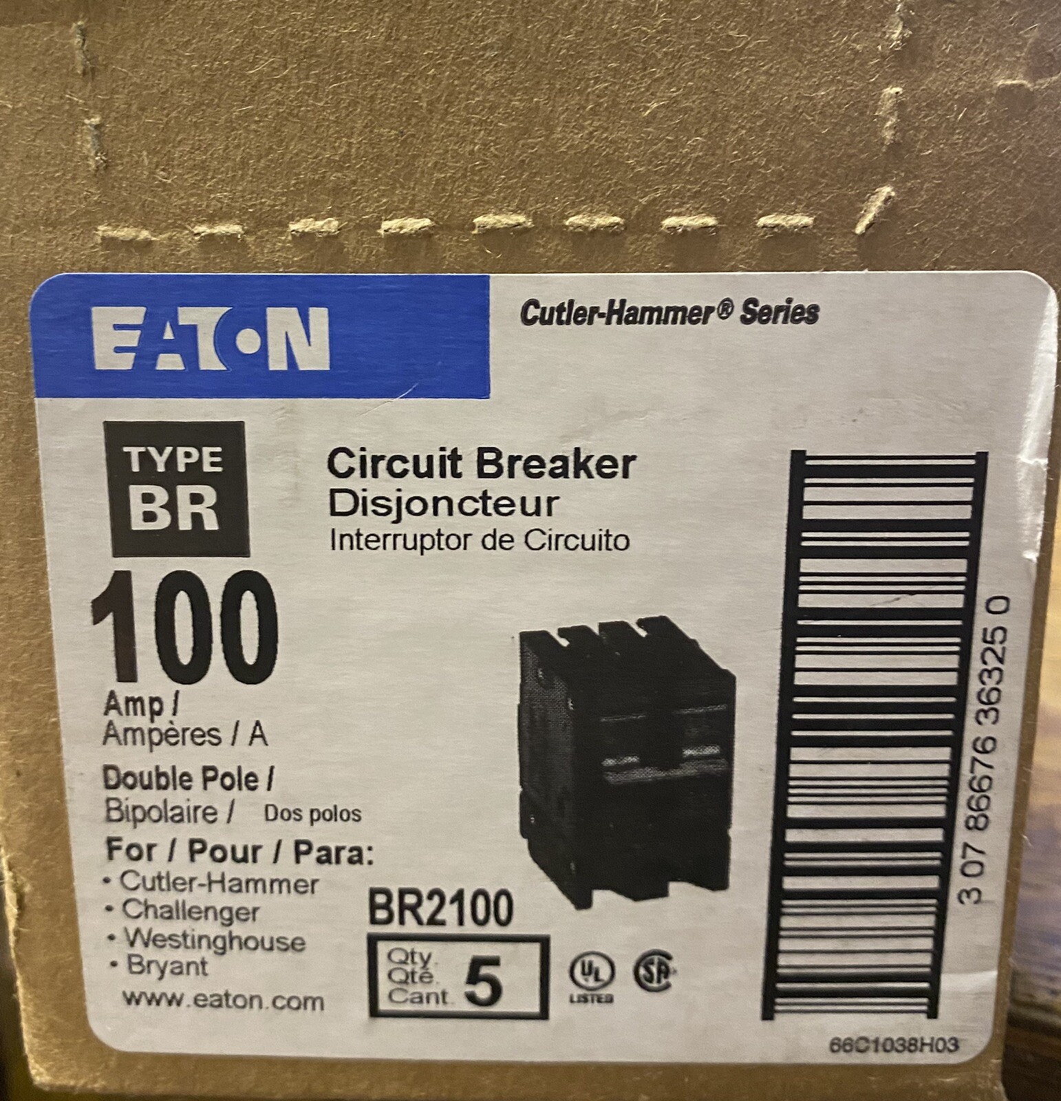 EATON CUTLER HAMMER BR2100 2 Pole 100 AMP Type BR Circuit Breaker Type ...