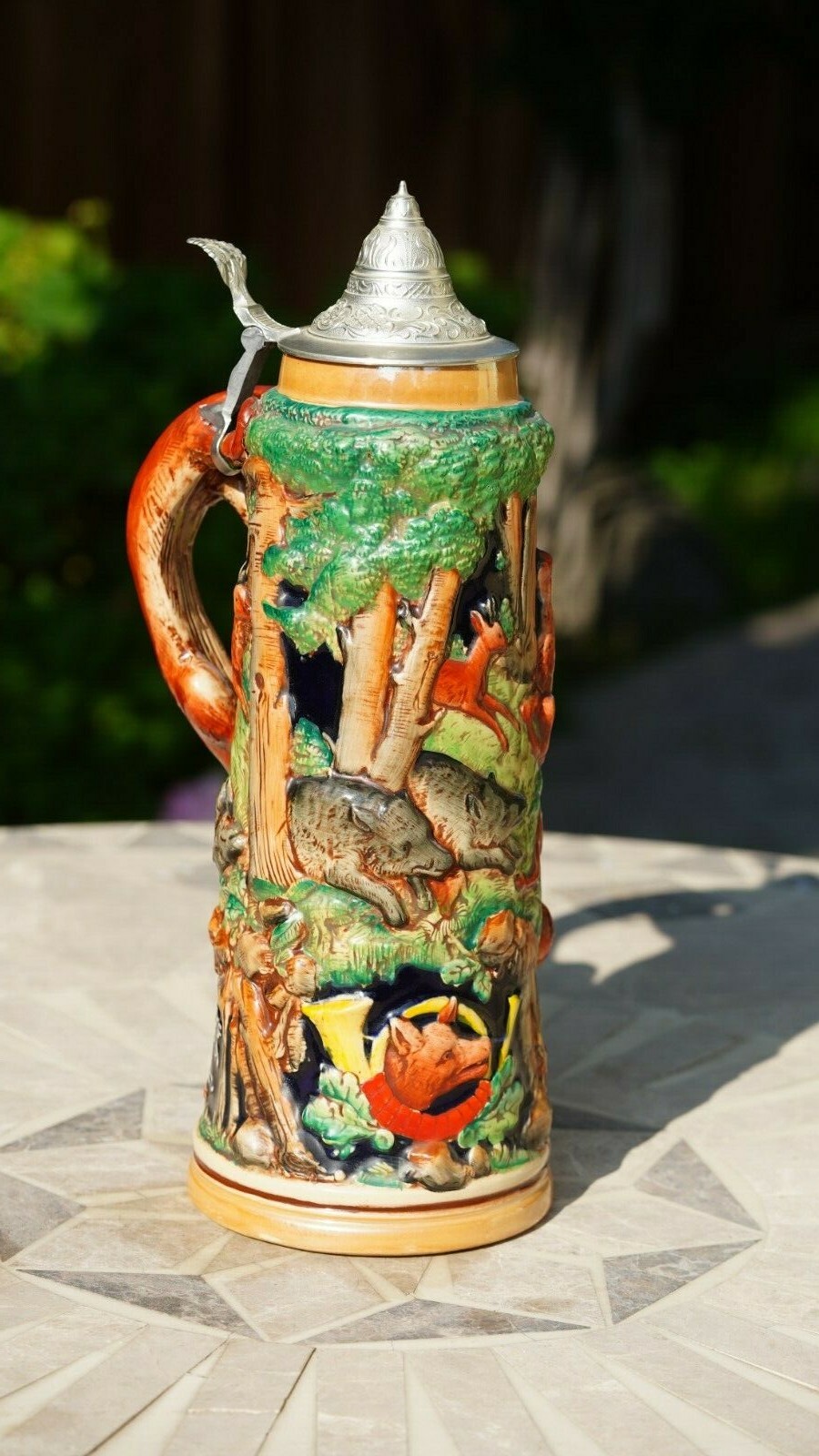 Rare Vintage German Beer Stein, Fox Handle "DIE GRUNE HEID, DAS JAGERS ...