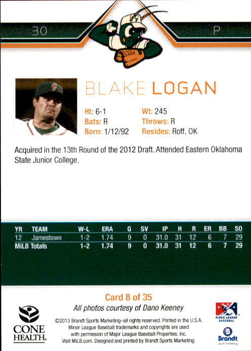 2013 Greensboro Grasshoppers Brandt 8 Blake Logan Roff Oklahoma OK ...
