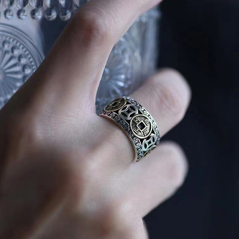 Vintage Ethnic Style Five Emperors Money Coin Rings Lucky Adjustable ...