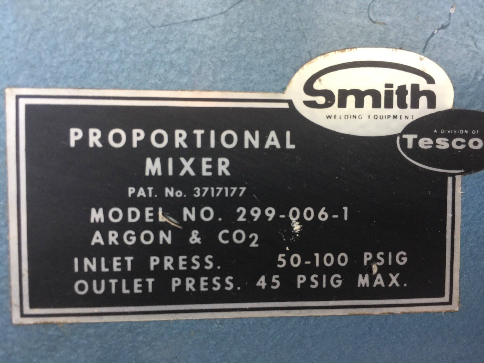 SMITH PROPORTIONAL MIXER 299-006-1 ARGON &CO2 INLET PRESS 50-100 PSIG ...