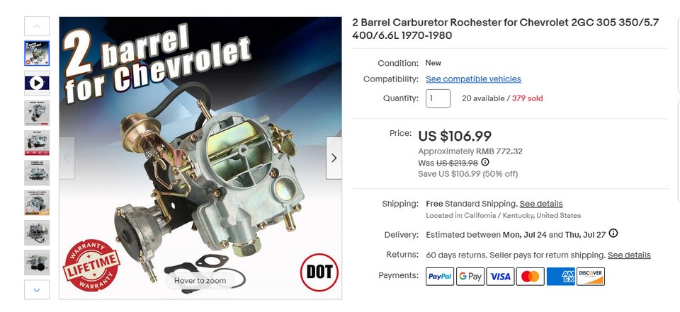 2 Barrel Carburetor Rochester for 1970-1980 Chevrolet 2GC 305 350/5.7 ...