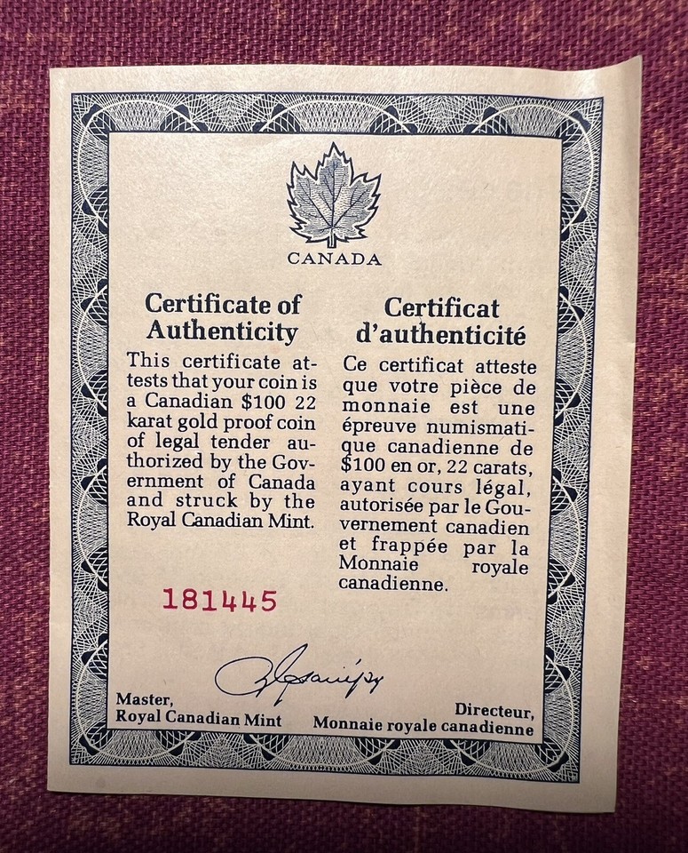 1978 CANADA $100 22 KARAT GOLD PROOF COIN PRESENTATION BOX / CASE & COA ...