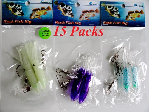 15 Packs 3" Rock Cod Rigs Two Bulb Squid rigged Rockfish bait - 5 x 3 ...