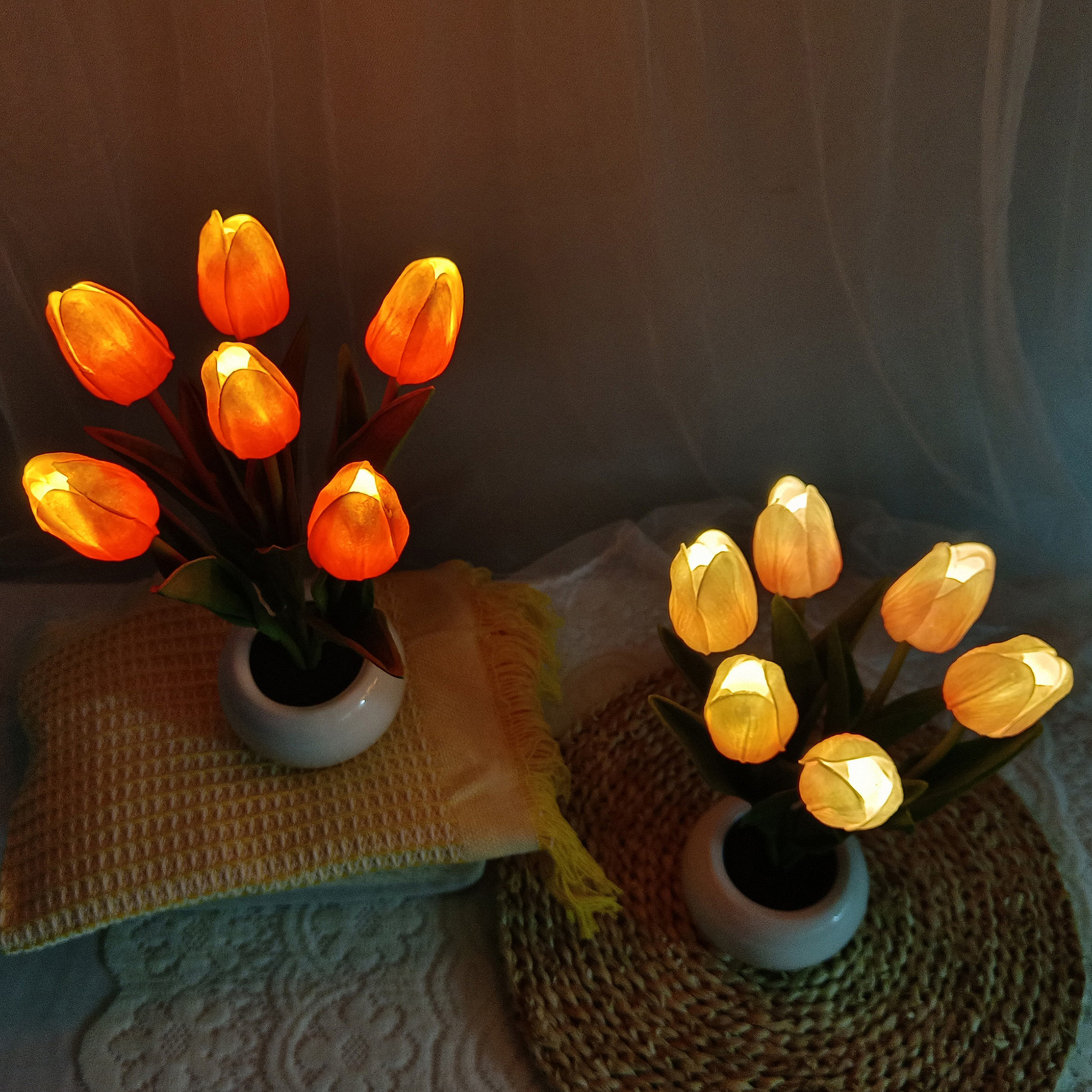 Table Lamp Warm Lighting Romantic Tulips Potted Artificial Flower ...