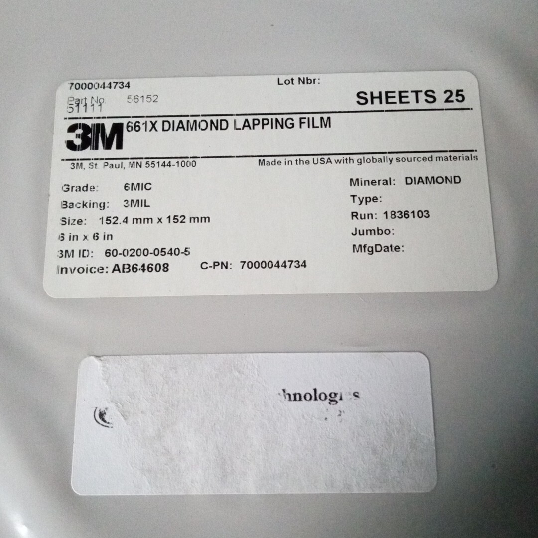 3M Diamond Lapping Film 56152 / 51111 - 3 Mil - 6Mic - 6" x 6" - 25 ...