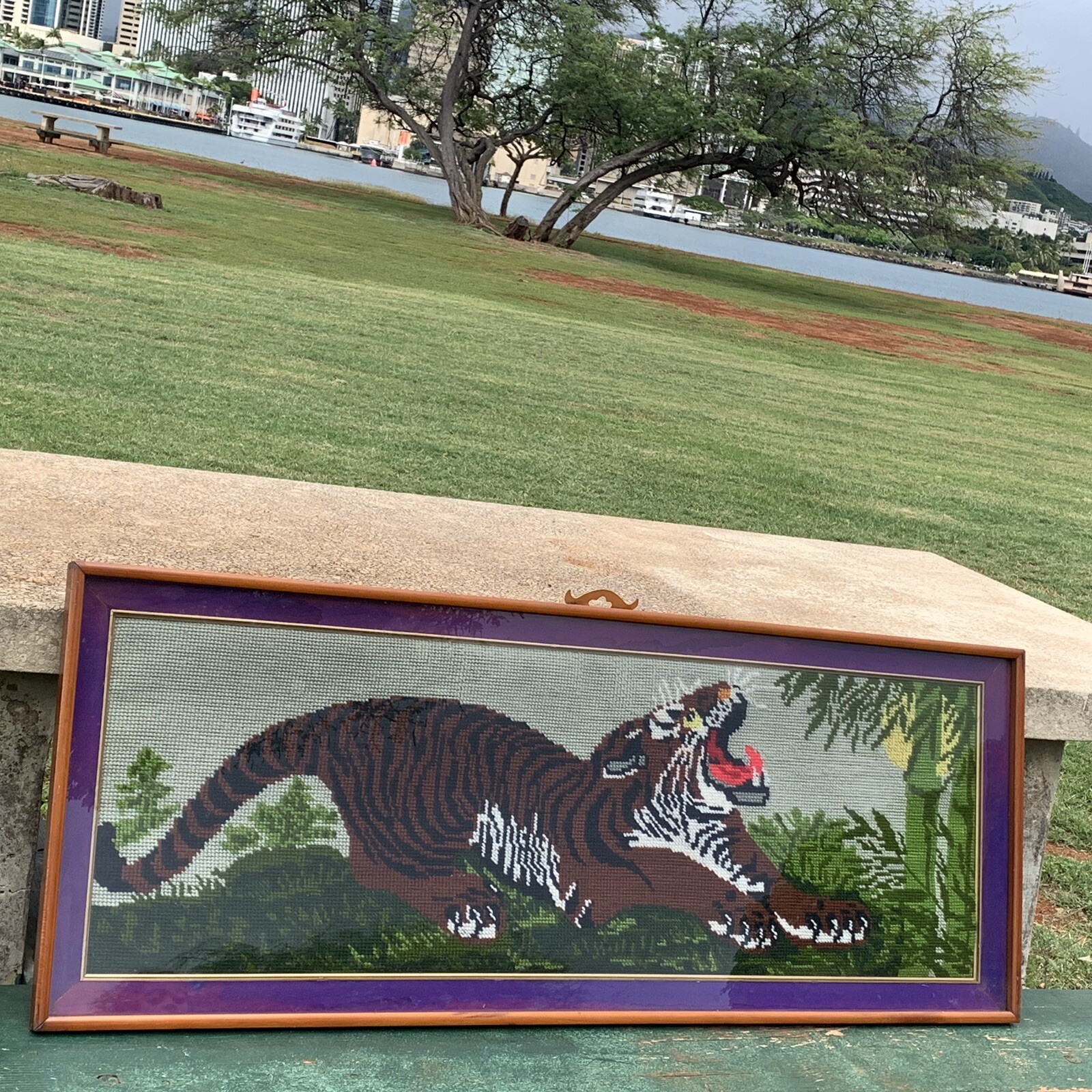 Huge Framed Tiger Needlepoint Art Hand Sewn Vintage Behind Your Touch K ...