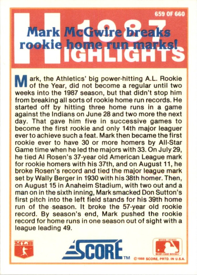 1988 Score Glossy Baseball Mark McGwire (A) Oakland Athletics #659 | eBay