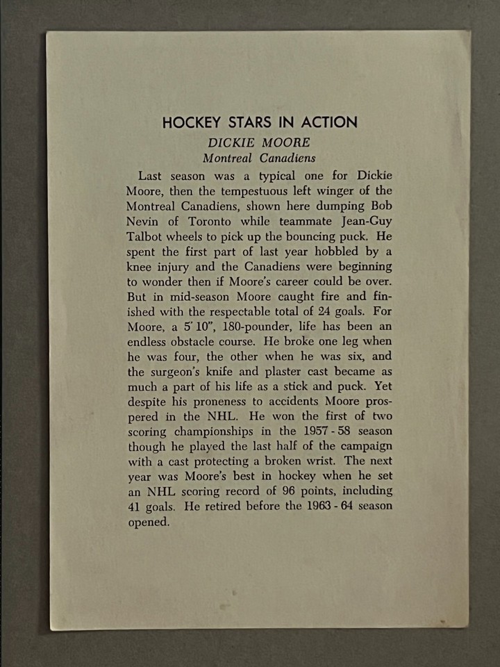 DICKIE MOORE 1963-64 TORONTO STAR HOCKEY STARS IN ACTION 63-64 NO 27 ...