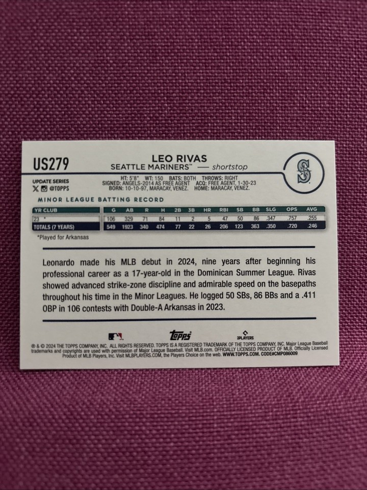 2024 Topps Update #US279 Leo Rivas Seattle Mariners | eBay