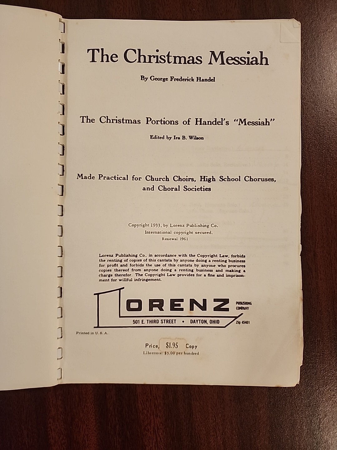 Handel's Christmas Messiah Ira Wilson Ed. Lorenz 1933/1961 reissue ...
