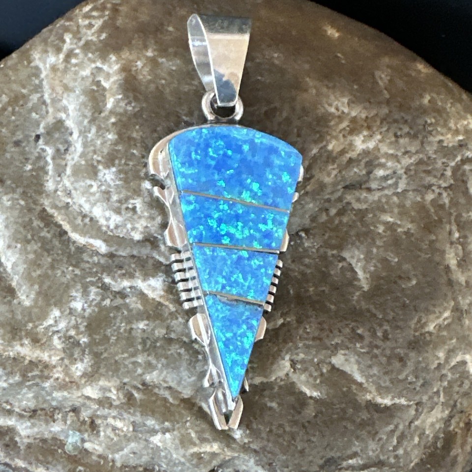 Arrowhead Blue Opal Inlay Pendant Navajo Sterling Silver Necklace 15677 ...