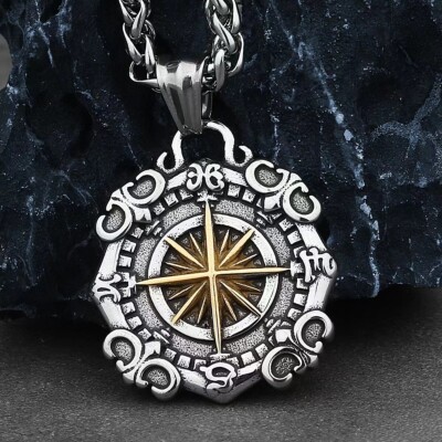 Mens Nautical North Star Compass Pendant Protection Necklace Box Chain ...