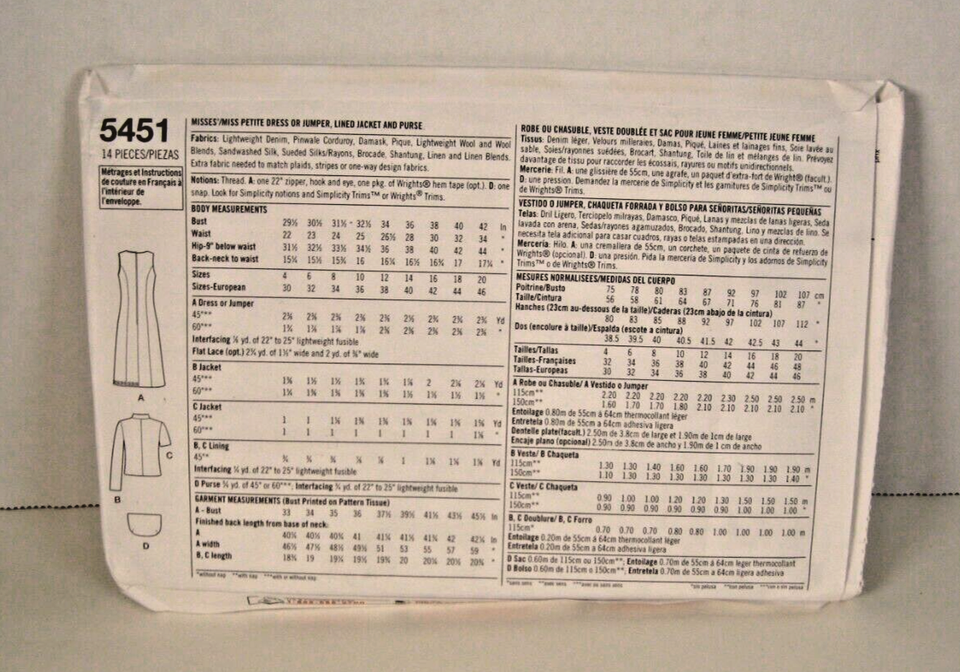 Simplicity Easy Chic 5451 Dress/Jumper, Jacket & Purse Misses' 12-20 ...