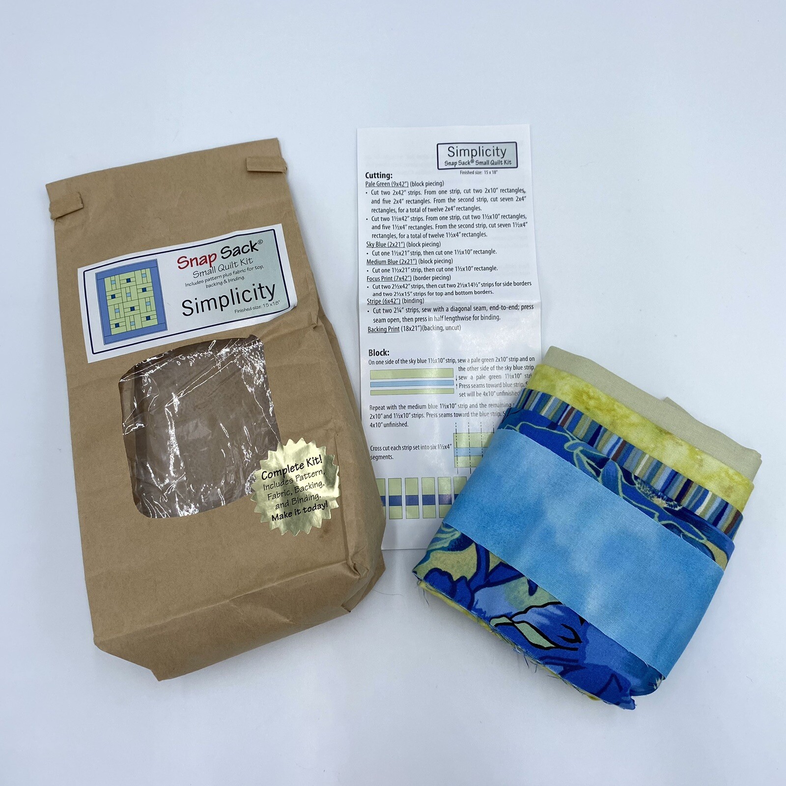 Simplicity Snap Sack Small Quilt Kit Blue & Green 15" x 18" SS10909 ...