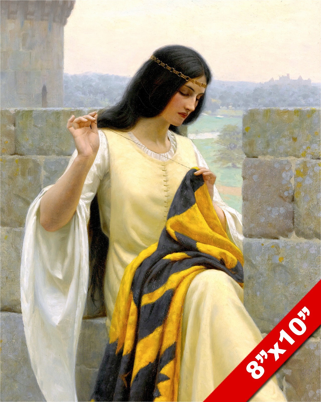 BEAUTIFUL WOMAN SEWING MEDIEVAL STANDARD IN A CASTLE PAINTING ART ...