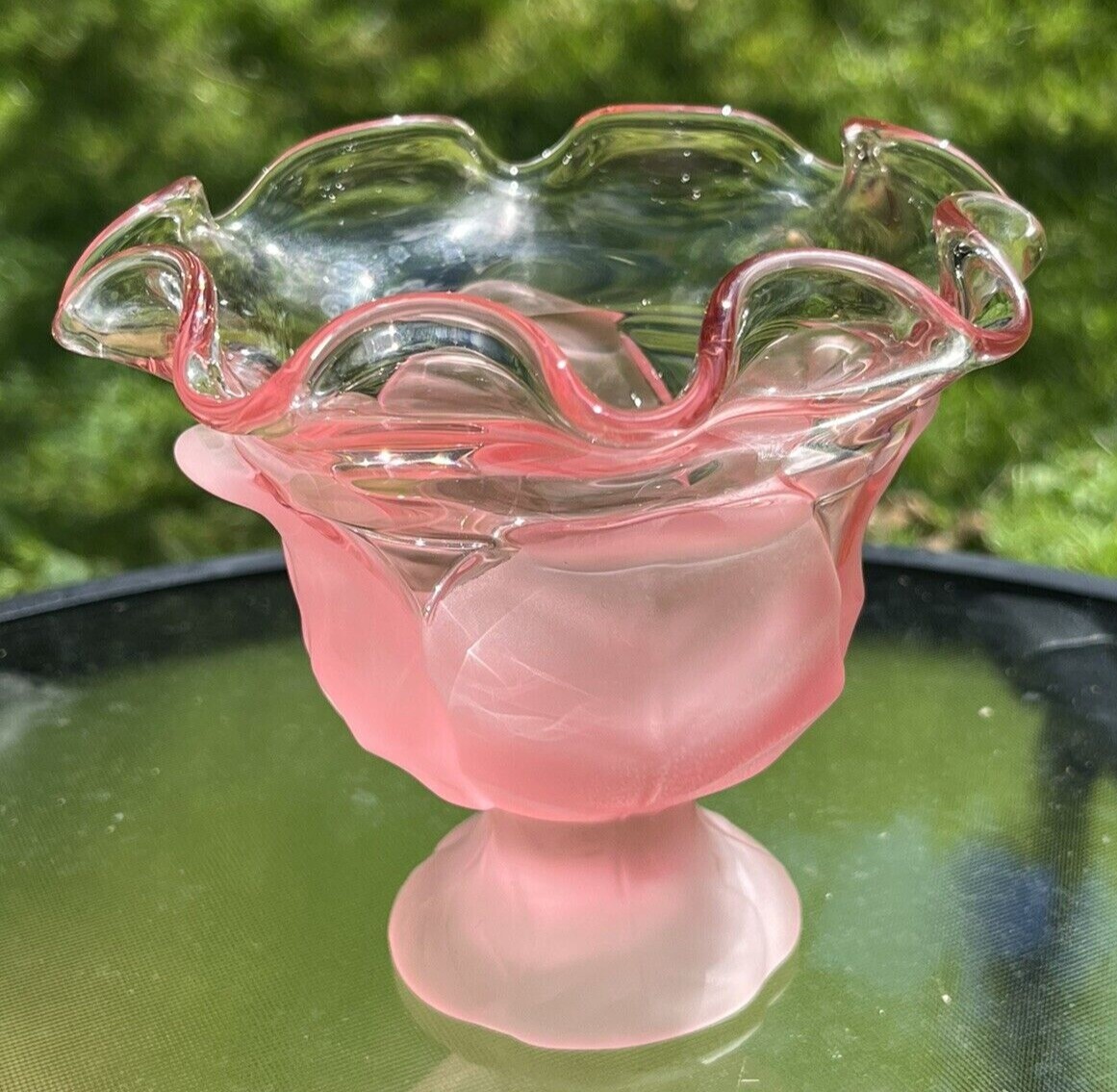Viking Glass Compote Dish Pink Frosted Satin Cabbage Leaf - Vintage ...