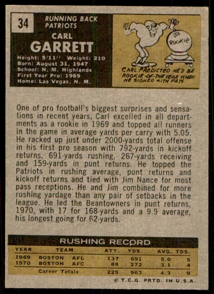 1971 Topps Carl Garrett Rookie Vintage New England Patriots #34 | eBay