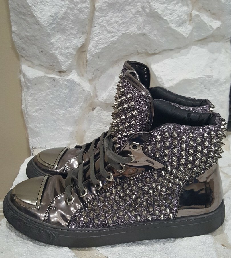 Moretti Black Label Leather Hi Sneakers Studs Silver Metallic size 10 ...