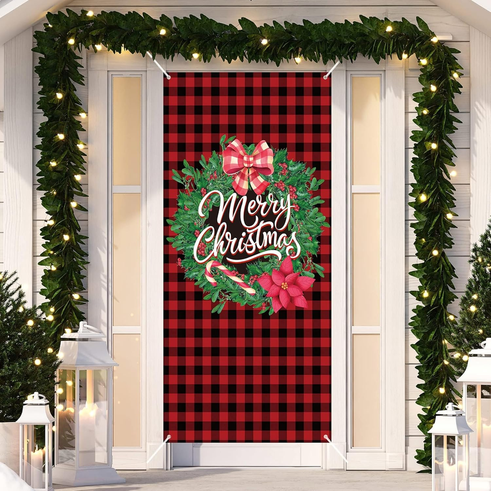 Christmas Welcome Door Cover Buffalo Check Plaid Christmas Door ...
