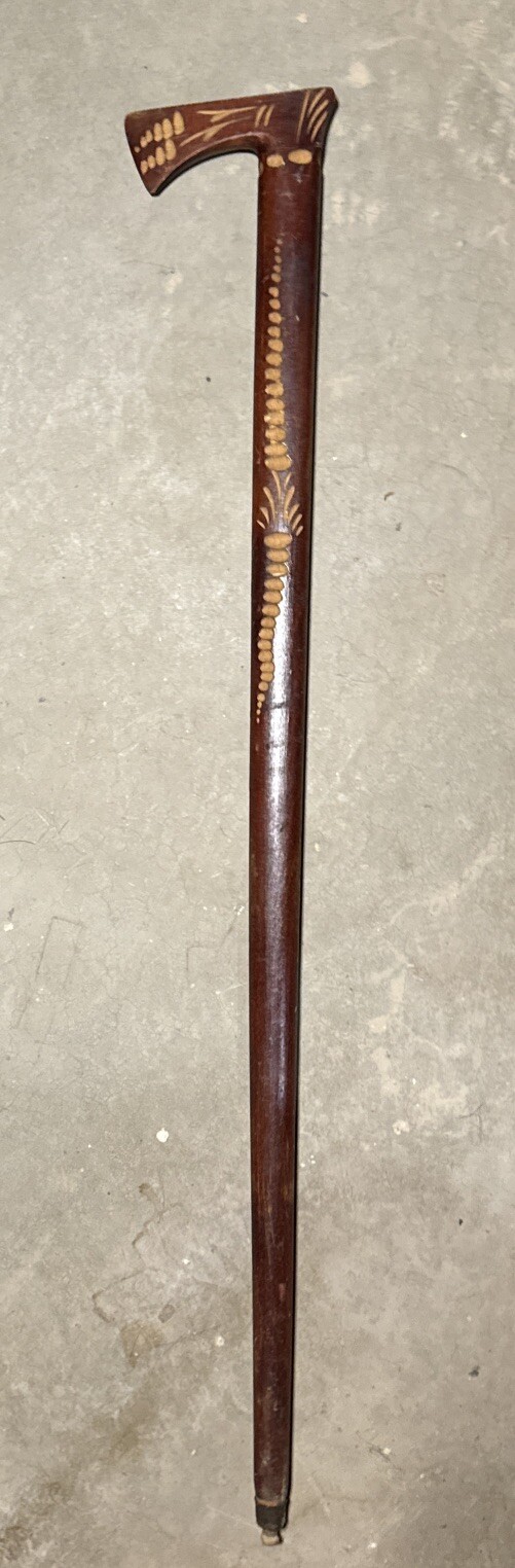 Vintage Carved Wooden Walking Cane - Gem