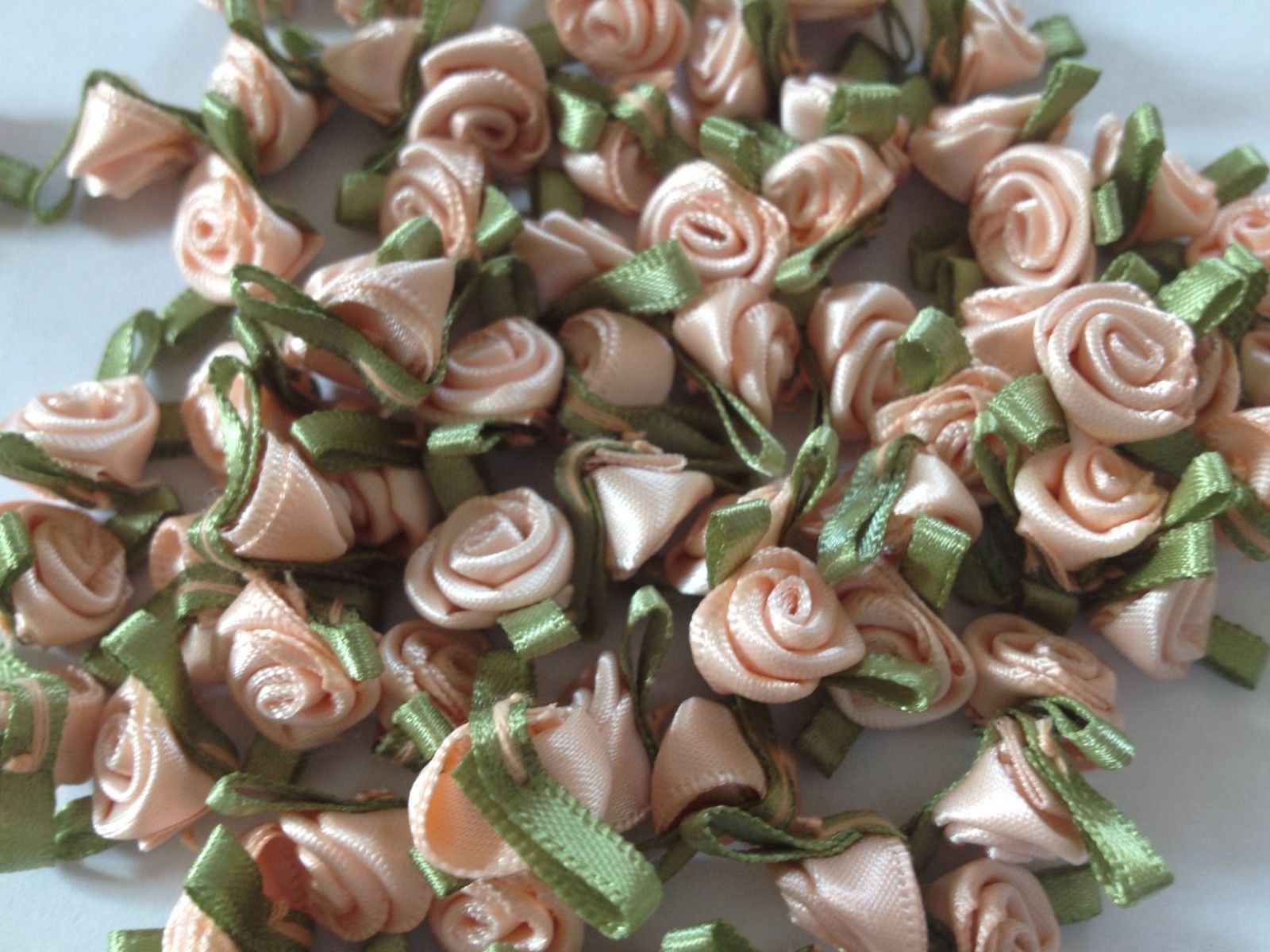 SMALL MINI SATIN RIBBON ROSE BUDS FLOWERS WITH SATIN GREEN LEAVES ...
