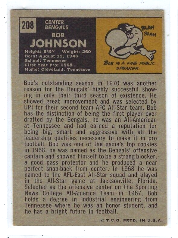 Bob Johnson - 1971 Topps Football #208 - Cincinnati Bengals | eBay