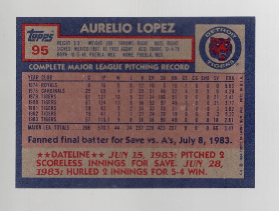1984 Topps #95 Aurelio Lopez NM/Mint | eBay