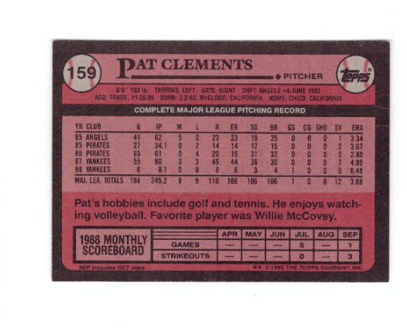 1989 Topps Baseball card #159 Pat Clements Yankees | eBay