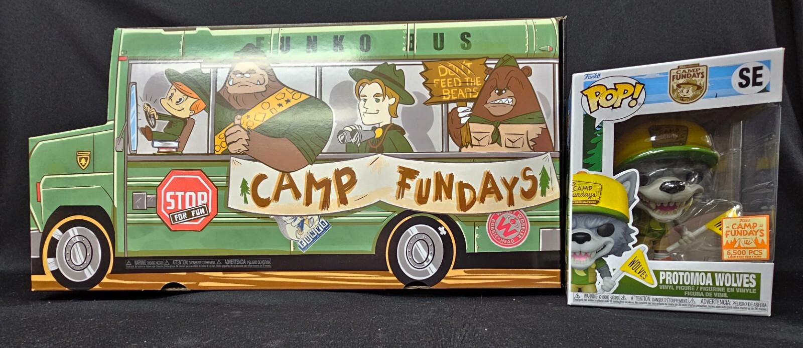 Funko Camp Fundays 2023 School Bus Box of Fun & Protomoa Wolves Funko ...