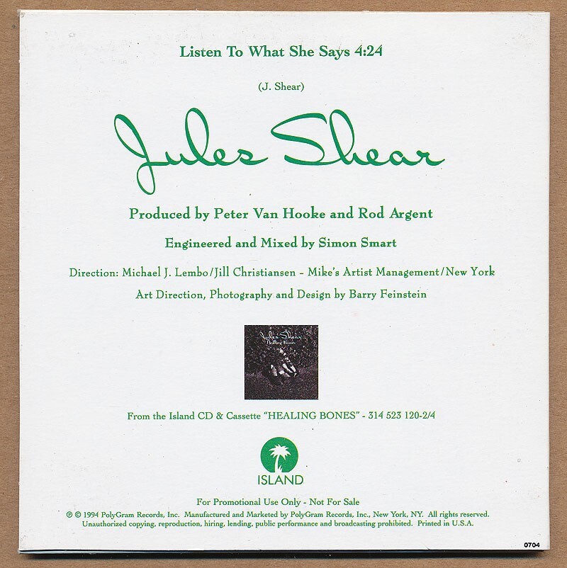 Jules Shear - Listen to What She Says RARE promo radio only CD single '94 | eBay