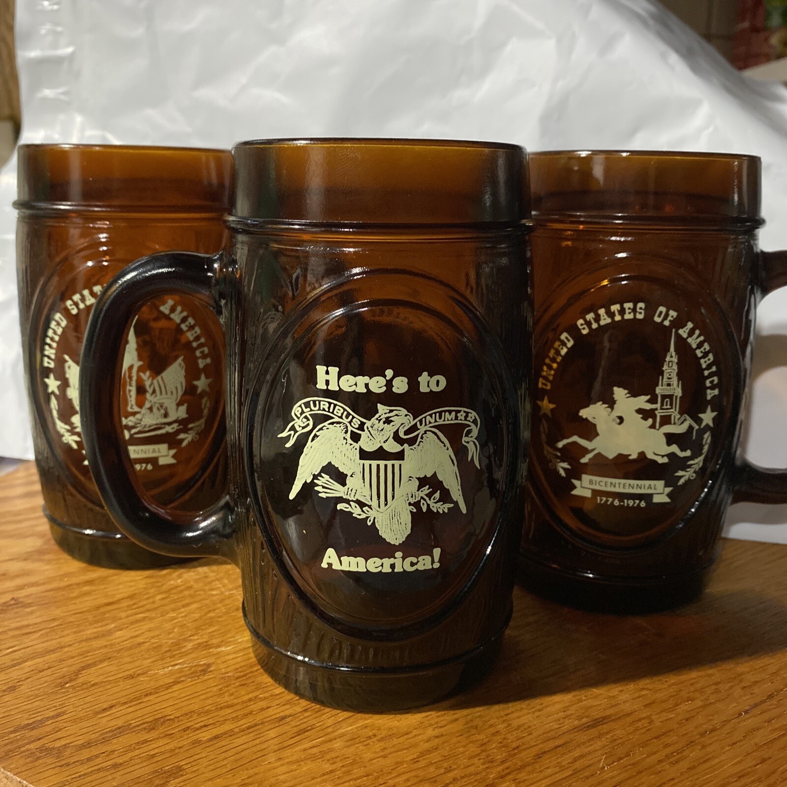 USA Bicentennial 1776-1976 Beer Stein AMBER Glass Mugs x 3 LOT VTG Here ...