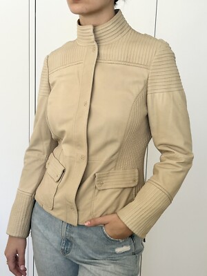 St. John Ribbed Leather Moto Racer Jacket 6 Button Front Lamb Beige J ...