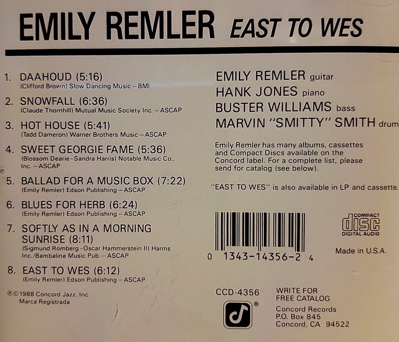 Emily Remler - "East to Wes" - ( CD - Concord Records ) 13431435624| eBay