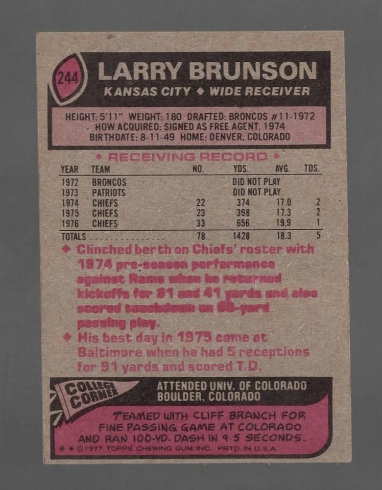1977 Topps Larry Brunson Kansas City Chiefs #244 Excellent | eBay