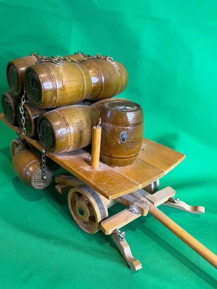 Hand Carved German Beer Cart w 2 horse Team & Wagoneer, HB on Barrels ...