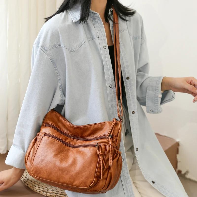 Women New Genuine Leather Brown Purse Shoulder Bag Pockets Cross Body ...