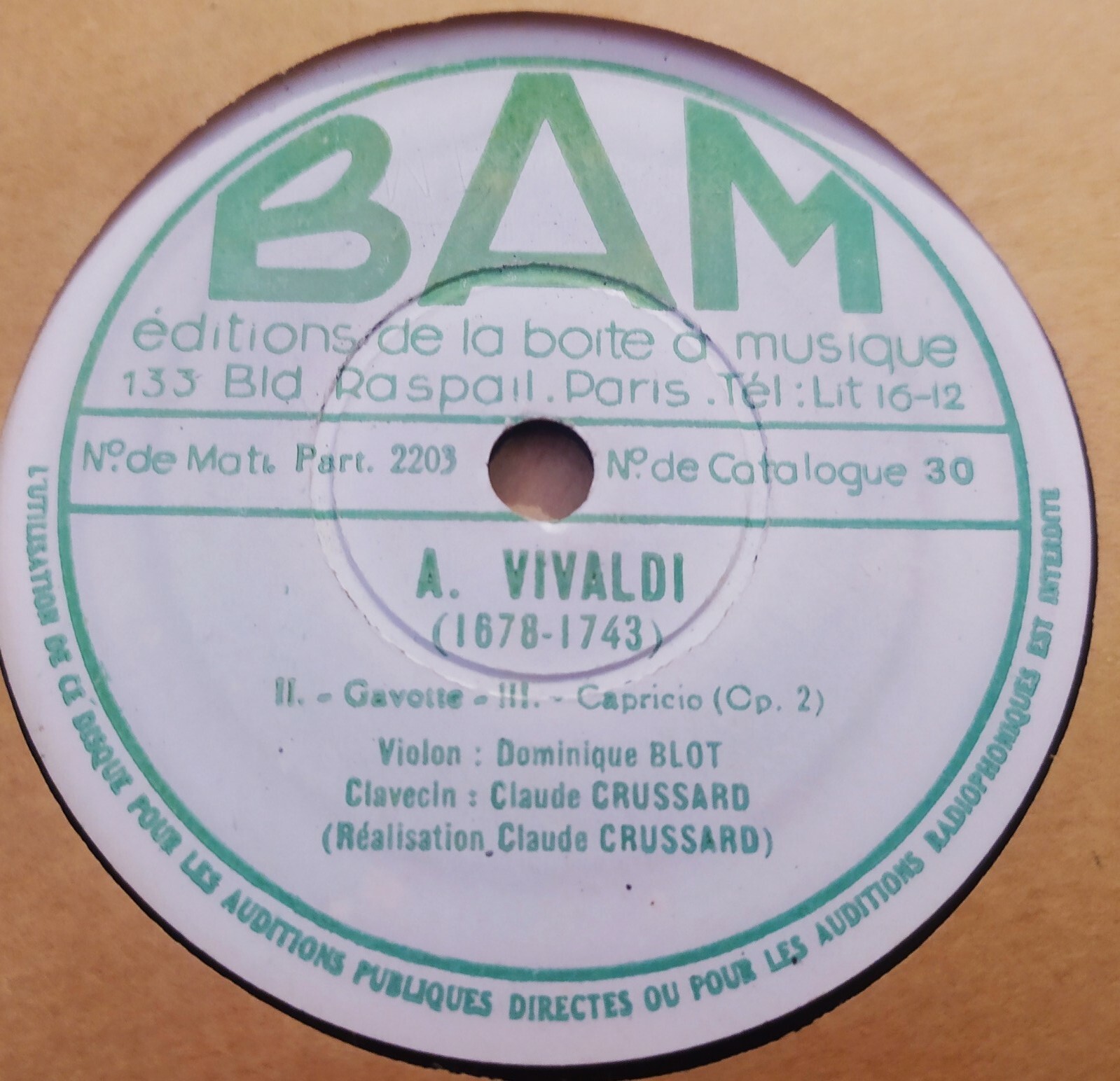 10" 78 RPM DOMINIQUE BLOT (Violon) CLAUDE CRUSSARD (Harpsichord ...