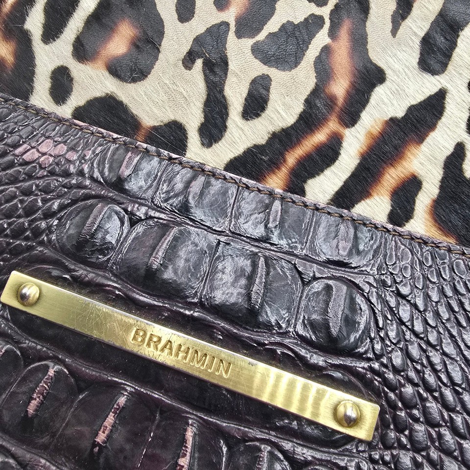 Brahmin Shoulder Bag Leopard Print Genuine Fur Croc Embossed Leather ...