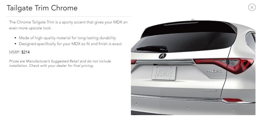 ACURA MDX 2022-2024 TAILGATE TRIM CHROME GENUINE OEM PART # 08F52-TYA ...