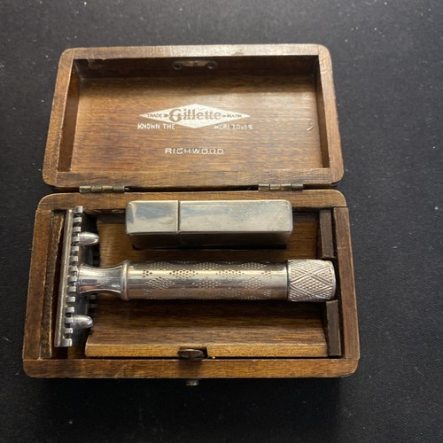 Vintage 1920s Gillette Richwood Razor In Wood Dovetail Box W/Blade Case ...