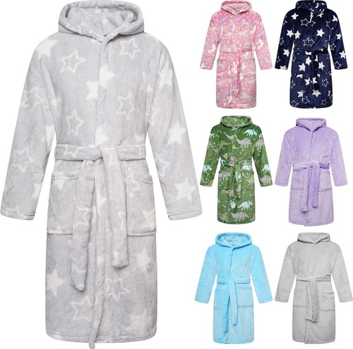 Kids Soft Fleece Bathrobe Hooded Warm Dressing Gown Flannel Bath Robe ...