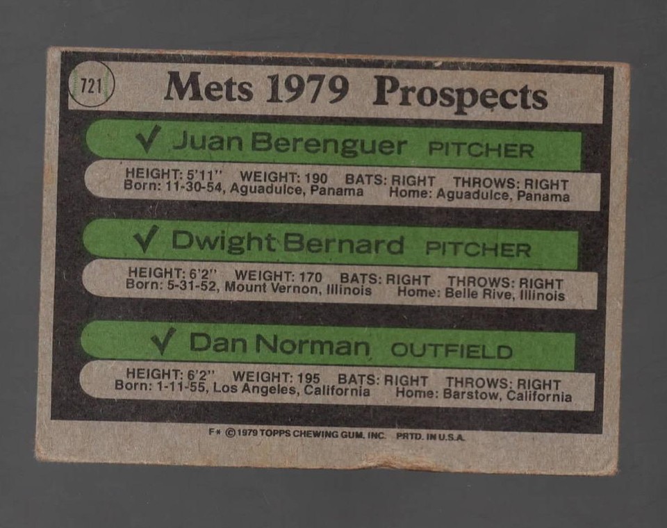 1979 Topps Mets Prospects (Juan Berenguer / Dwight Bernard / Dan Norman ...